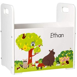 fox valley traders personalized kids wooden book caddy, customized children’s book storage bin, woodland animals design