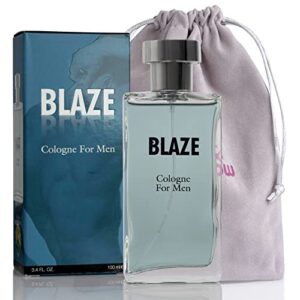 novoglow blaze eau de parfum cologne for men with luxurious suede pouch - marine breeze, sandalwood and sensual musk wood notes– 100ml – 3.4 oz – great gift for men