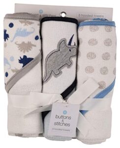 cudlie buttons and stitches baby boys 3 pack infant hooded towel, triceratops prints (gs71365)