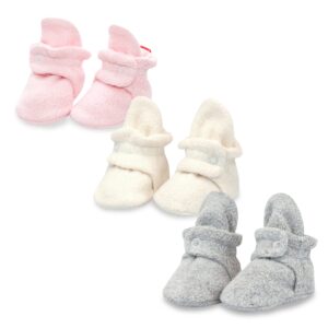 zutano unisex baby cozie fleece baby booties, baby essentials, pack of 3, heather gray/baby pink/cream, 6 months