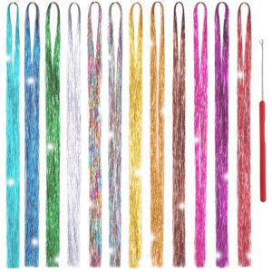 hair tinsel kit 12 colors, 2500 strands 48 inches sparkling tinsel hair extensions with tool, fairy hair tinsel for birthday halloween christmas new year party