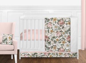 sweet jojo designs vintage floral boho baby girl nursery crib bedding set - 11 pieces - blush pink, yellow, green and white shabby chic rose flower farmhouse