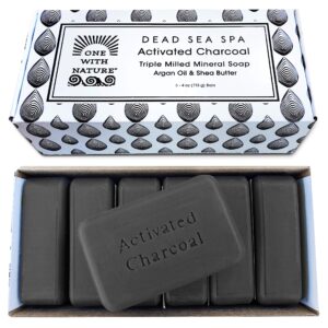 one with nature activated charcoal soap bar with dead sea minerals 4oz 6pack in gift box for face, body, all skin types - contains shea butter, argan oil, magnesium, sulfur, and 21 essential minerals