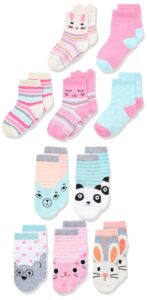 cherokee girls cherokee 10 pack crew casual sock, assorted pastel critters, 2-4t us