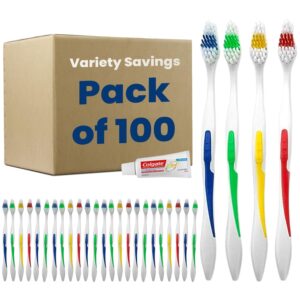 variety savings 100 toothbrushes bulk wholesale quantity standard size, dental care toiletries, medium soft bristles, individually wrapped, homeless care, disposable use, hotels, travel