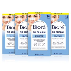 bioré original blackhead remover strips, deep cleansing nose strips with instant pore unclogging, features c-bond technology, oil-free, non-comedogenic use, 14 count, pack of 4