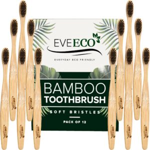 eveeco 12 count i bamboo toothbrush i soft bristles best for sensitive gums i charcoal i vegan i natural wood i bpa fee i recyclable i compostable i biodegradable | environmentally friendly