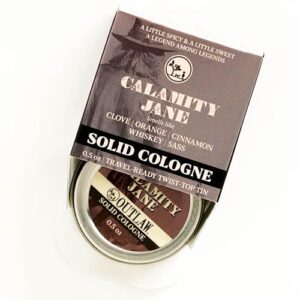 spicy and sweet solid cologne - clove, orange, cinnamon, whiskey scent - calamity jane by outlaw - men's or women's cologne