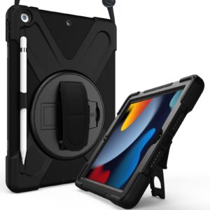 procase rugged case for ipad 9th/ 8th/ 7th generation 10.2" (2021/2020/2019), heavy duty shockproof protective cover with strap for ipad 9/8/7 -black