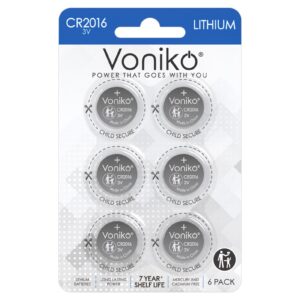 voniko 3 volt 2016 battery 6 pack – button cell 2016 batteries – lithium cr2016 3 volt coin battery – child-protection packaging, 7 years shelf life