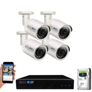 gw security 8 channel 4k nvr 5mp poe audio & video security camera system - four 5mp 1920p ai human & vehicle detection weatherproof bullet cameras, built in microphone, quick qr code easy setup