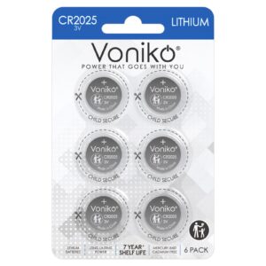 voniko 3 volt cr2025 battery 6 pack – cr 2025 button cell battery – 2025 lithium coin batteries, 7 years shelf life