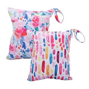 trensom wet bag for swimsuit waterproof reusable bags with two zippered pockets graffiti watercolor wet dry bag travel beach pool yoga gym bag for pump wet clothes 2pcs