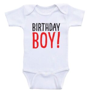 heart co designs birthday boy baby clothes - one piece baby bodysuits (18mo short sleeve, red text)