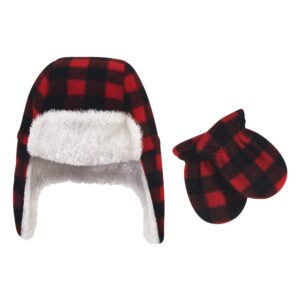 hudson baby baby girls unisex and toddler fleece trapper mitten set, black red plaid 2pc cold weather hat, black red plaid baby, 6-12 months us