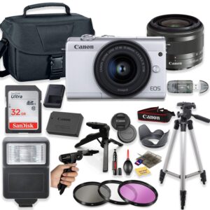 canon eos m200 4k mirrorless digital camera (white) with 15-45mm stm lens + deluxe accessory bundle including sandisk 32gb card, camera case, flash, grip multi angle tripod, 50" tripod, filters & more