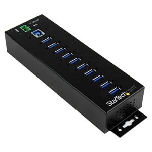 startech.com 10-port usb 3.0 hub with power adapter - metal industrial usb-a hub with esd & 350w surge protection - din/wall/desk mountable - high speed usb 3.0 (5gbps) - (5gbps) hub, taa