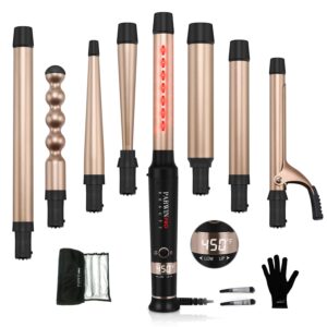 infrared 8 in 1 curling iron set with 8 ceramic barrels interchangeable, hair curler wand for long hair, professional curling wand set with led temperature control, glove and 2 hair clips