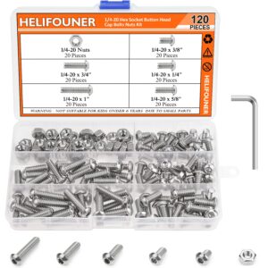 helifouner 120 pieces 5 sizes 304 stainless steel 1/4-20 x 3/8" 1/2" 5/8" 3/4" 1" unc thread hex button head cap bolts kit