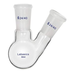 labasics glass 50ml 2 neck round bottom flask rbf, with 24/40 center and side standard taper outer joint, 50ml