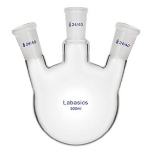 labasics glass 500ml 3 neck round bottom flask rbf, with 24/40 center and side standard taper outer joint, 500ml