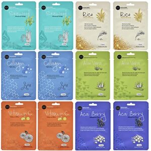 celavi essence facial face mask paper sheet korea skin care moisturizing 12 pack (mix - 2 of each)