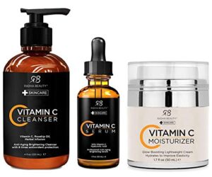 radha beauty vitamin c complete facial care kit - 3-in-1 anti-aging set with cleanser, serum, and moisturizer for wrinkles, and dark spots. day & night brightening skincare gift set