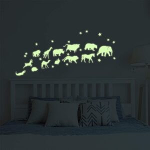 benbo animals glow in dark wall stickers, cute animals jungle adventure horse elephant giraffe camel stars peel and wall decals for kids bedroom nursery home wall mural decor