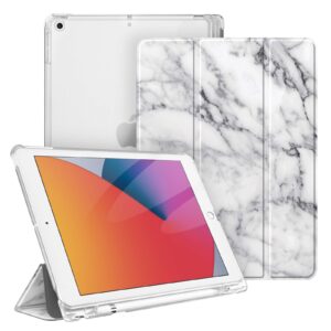 fintie case with pencil holder for ipad 9th / 8th / 7th generation (2021/2020/2019) 10.2 inch - slim shell hard case with translucent frosted stand back cover, auto sleep/wake, marble white