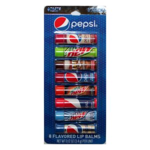 taste beauty (1) party pack pepsi - 8pc soda flavored lip balm sticks - flavors: cherry vanilla, mountain dew, mug root beer, wild cherry, livewire, white out, diet - net wt. 0.12 oz each stick