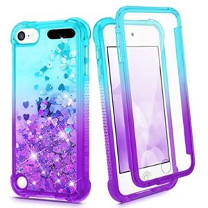 ruky for ipod touch 7th 6th 5th generation case, ipod touch 5 6 7 full body glitter case shockproof protective girls bling liquid floating case (teal purple)