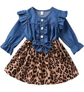 toddler baby girl long sleeve fall dress infant denim leopard ruffle dresses cheetah outfit, blue, 2-3t