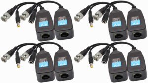 aaotokk video balun rj45 to bnc transceiver transmitter hd-cvi/tvi/ahd/cvbs with dc power connector for 1080p 3mp 4mp 5mp 8mp cctv security dvr surveillance camera system (4pairs)