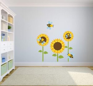 bumblebee bee bees sunflowers animal decors wall sticker art design decal for girls boys kids room bedroom nursery kindergarten house fun home decor stickers wall art vinyl decoration (20x12 inch)