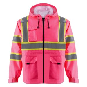 zuja high visibility bomber safety jacket ansi class 3 reflective jacket pocket and zipper reflective hoodie windproof hi vis rain jacket for men & women (pink, m)