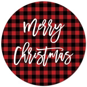 2" round buffalo plaid merry christmas stickers (40 labels)