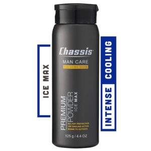 chassis ice max premium body powder for men, whole body deodorant, odor-absorbent, talc-free anti-chafing powder for groin & sensitive skin, friction defense & odor control, original fresh scent