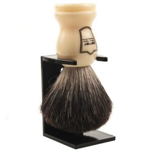 parker 100% black badger bristle shaving brush with white handle–extra dense badger bristles shave brush create a superior lather–brush stand included