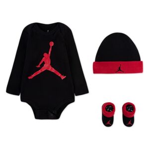 nike baby long sleeve bodysuit, hat and booties 3 piece set (black(lj0263-023)/red, 0-6 months)