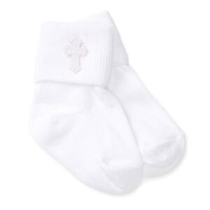 born to love kids white communion girls boys baptism christening socks with cross embroidery (0-6 months, white no lace)