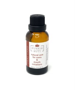 punkin butt oral care 1 oz glass bottle. chamomile, clove, peppermint. natural, safe, effective; cruelty-free, vegan, use as often as needed.