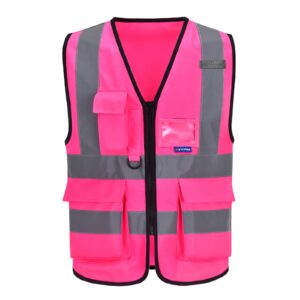 a-safety pink safety vest with pockets hi viz zipper front working safety vest with reflective strips, multiple colors available,large