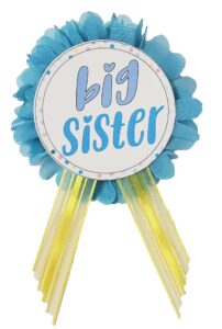 big sister badge pin baby shower blue chiffon flower & yellow ribbons for the new sister to wear at baby shower, baby sprinkle