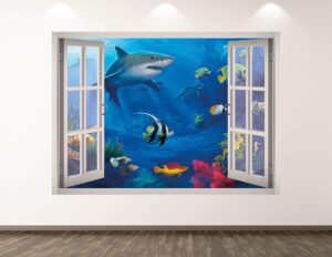 shark wall decal art decor 3d window aquarium sticker mural kids room custom gift bl55 (40"w x 30"h)