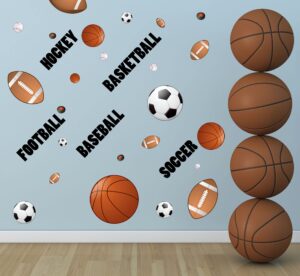 sports wall decor for boys room decor mural stickers, children's wall decals soccer baseball football hockey basketball wall art for boys room playroom kids room wall decor… (sports)