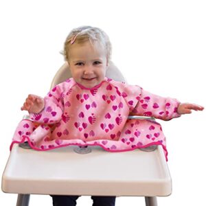 tidy tot - cover & catch baby bib - mess proof long sleeve feeding smock with food catcher pocket - attaches to highchair - waterproof bib – machine washable. fits 6-24 months - pink