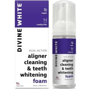 divine white dual-action stain removal aligner/retainer cleaner and teeth whitening foam- hydrogen peroxide-good for invisalign, clearcorrect, smiledirectclub, candid -oral care-toothpaste replacement