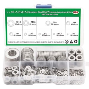 304 stainless steel flat washers set 580 pieces, 9 sizes - m2 m2.5 m3 m4 m5 m6 m8 m10 m12 suitable for home decoration, factories repair, kitchens, shops and outdoor construction