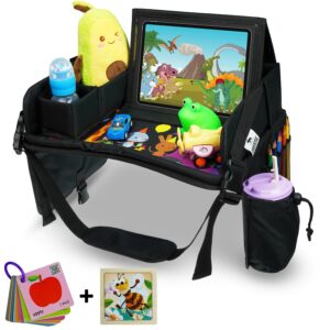 dmoose kids travel tray, toddler car seat lap activity tray with padded comfort base, side walls, mesh snack pockets, tablet holder, waterproof car seat, stroller, airplane play and learn area (black)