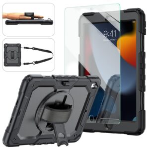 ipad 9th/8th/7th generation case, ipad 10.2 case 2021/2020/2019, [kid proof] ambison full body protective case with 9h tempered glass screen protector, 360° rotatable kickstand & hand strap (black)